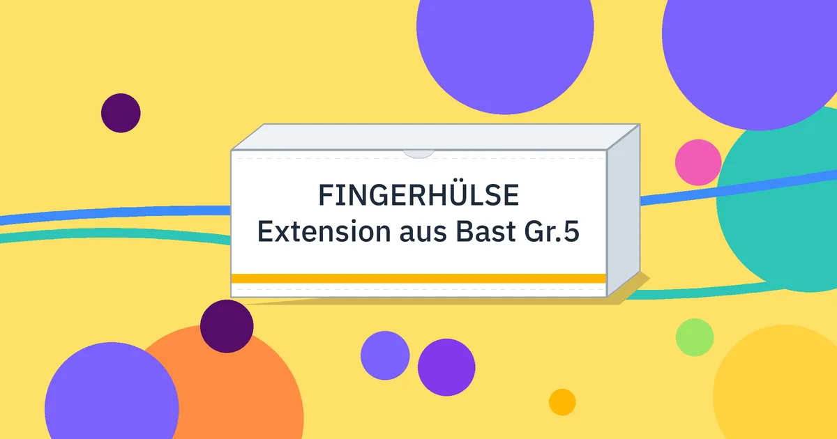 Symbolbild: Packung mit der Aufschrift FINGERHÜLSE Extension aus Bast Gr.5 (PZN 19228131) – Verfügbarkeit und Bezug in Apotheken in Frankfurt am Main