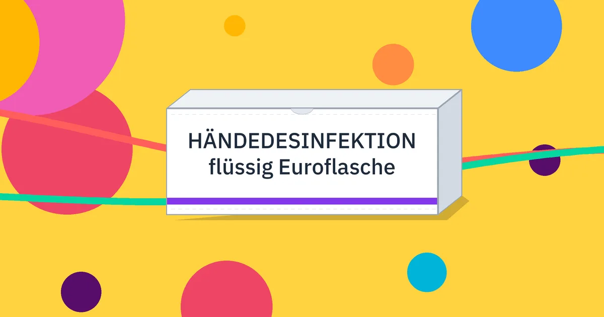 Symbolbild: Packung mit der Aufschrift HÄNDEDESINFEKTION flüssig Euroflasche (PZN 17828884) – Verfügbarkeit und Bezug in Apotheken in Frankfurt am Main