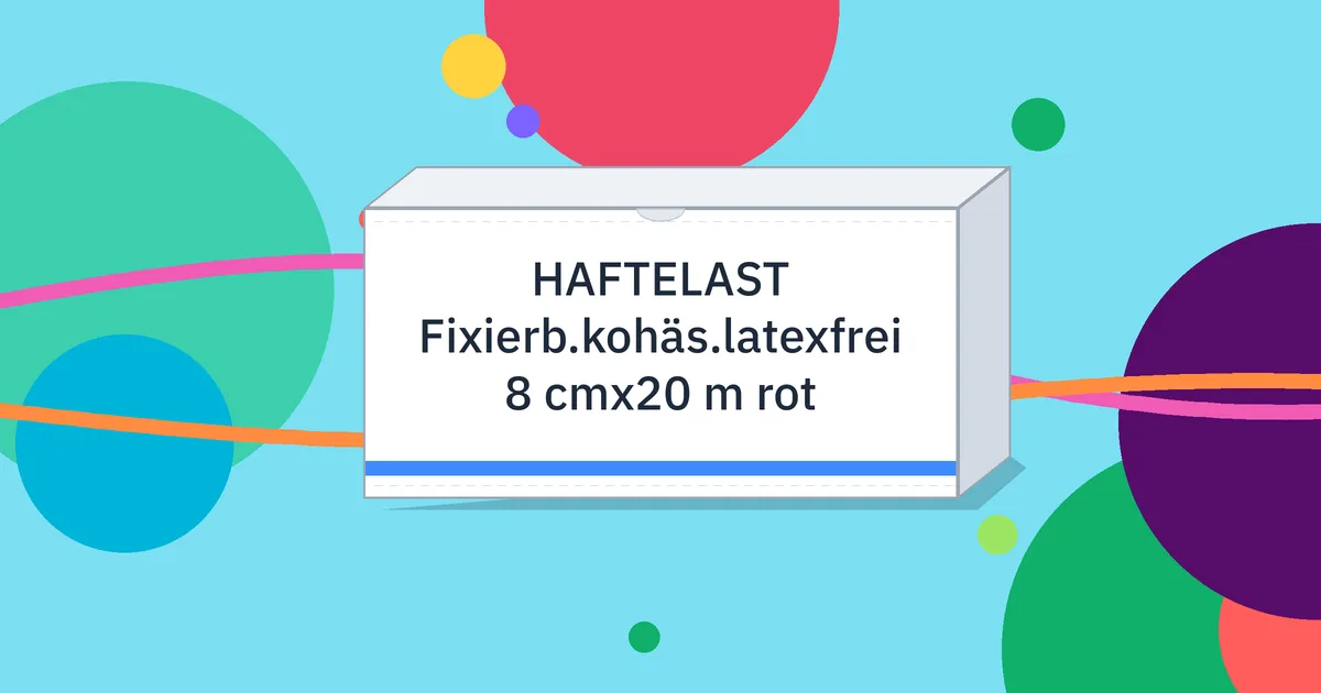 Symbolbild: Packung mit der Aufschrift HAFTELAST Fixierb.kohäs.latexfrei 8 cmx20 m rot (PZN 15998429) – Verfügbarkeit und Bezug in Apotheken in Frankfurt am Main