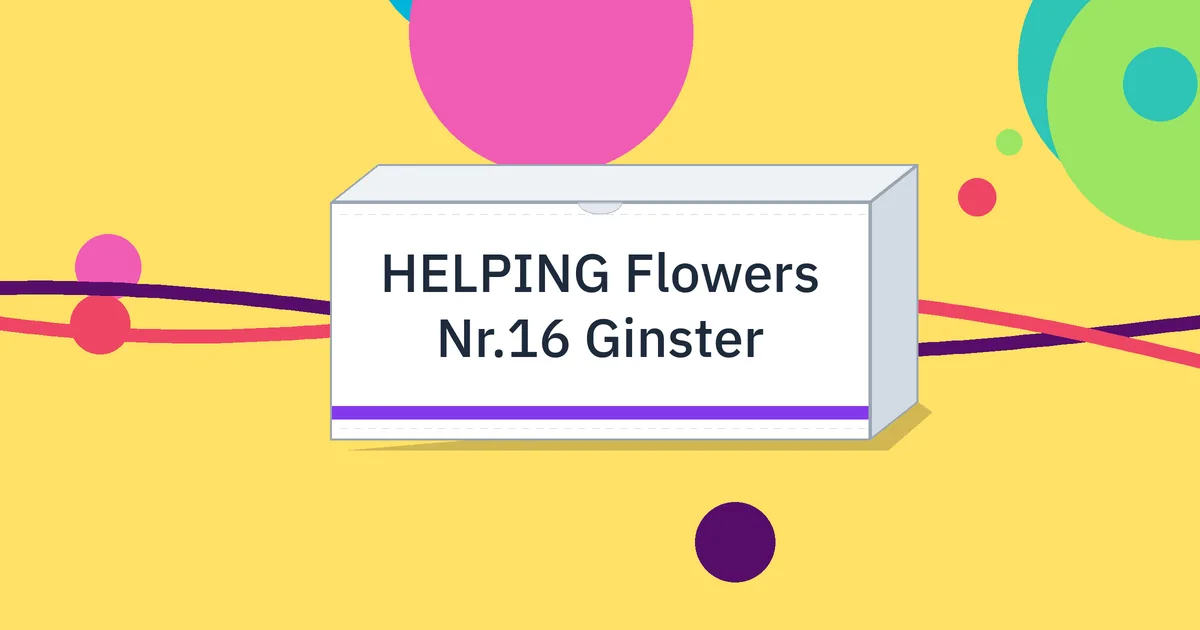 Symbolbild: Packung mit der Aufschrift HELPING Flowers Nr.16 Ginster (PZN 12499743) – Verfügbarkeit und Bezug in Apotheken in Frankfurt am Main