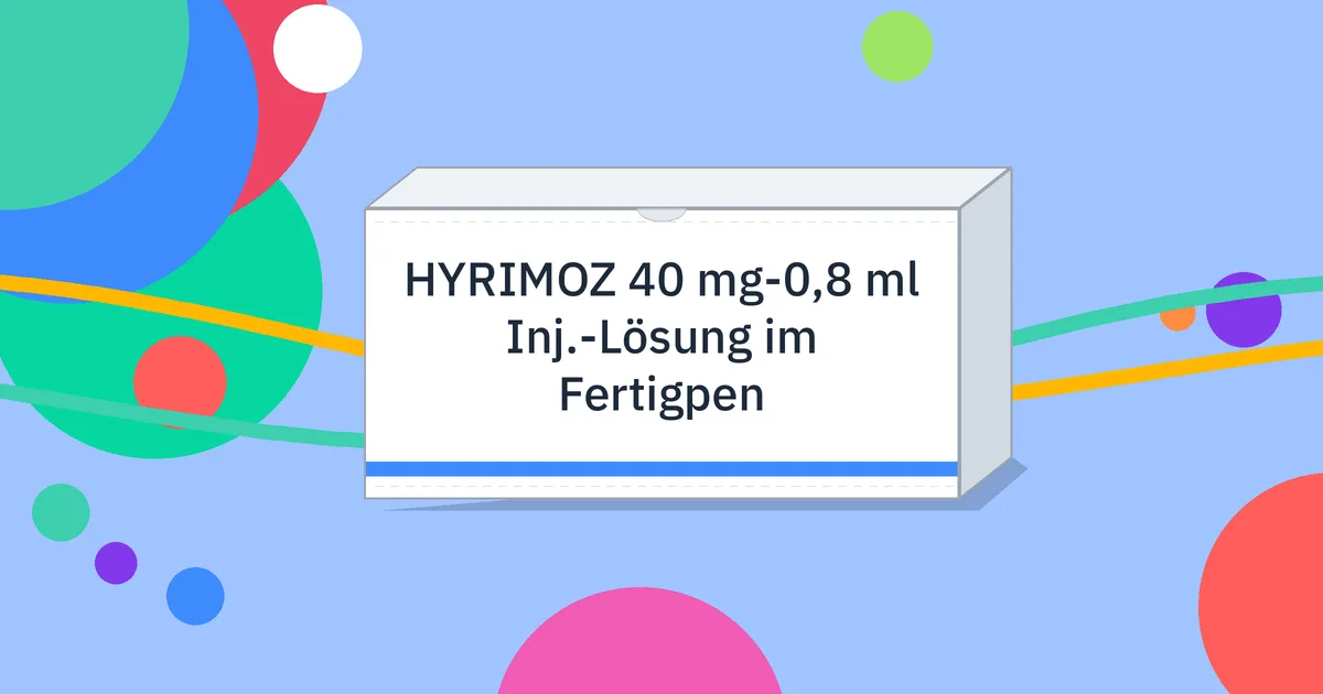 Symbolbild: Packung mit der Aufschrift HYRIMOZ 40 mg-0,8 ml Inj.-Lösung im Fertigpen (PZN 18454724) – Verfügbarkeit und Bezug in Apotheken in Frankfurt am Main
