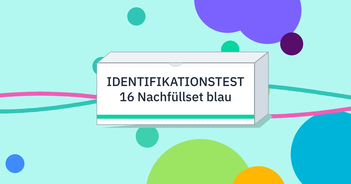 Symbolbild: Packung mit der Aufschrift IDENTIFIKATIONSTEST 16 Nachfüllset blau (PZN 17635808) – Verfügbarkeit und Bezug in Apotheken in Frankfurt am Main