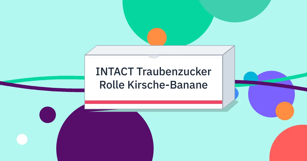Symbolbild: Packung mit der Aufschrift INTACT Traubenzucker Rolle Kirsche-Banane (PZN 17240530) – Verfügbarkeit und Bezug in Apotheken in Frankfurt am Main