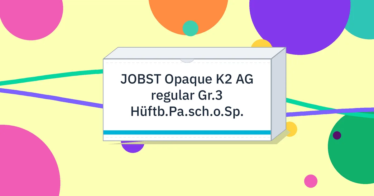 Symbolbild: Packung mit der Aufschrift JOBST Opaque K2 AG regular Gr.3 Hüftb.Pa.sch.o.Sp. (PZN 13117028) – Verfügbarkeit und Bezug in Apotheken in Frankfurt am Main