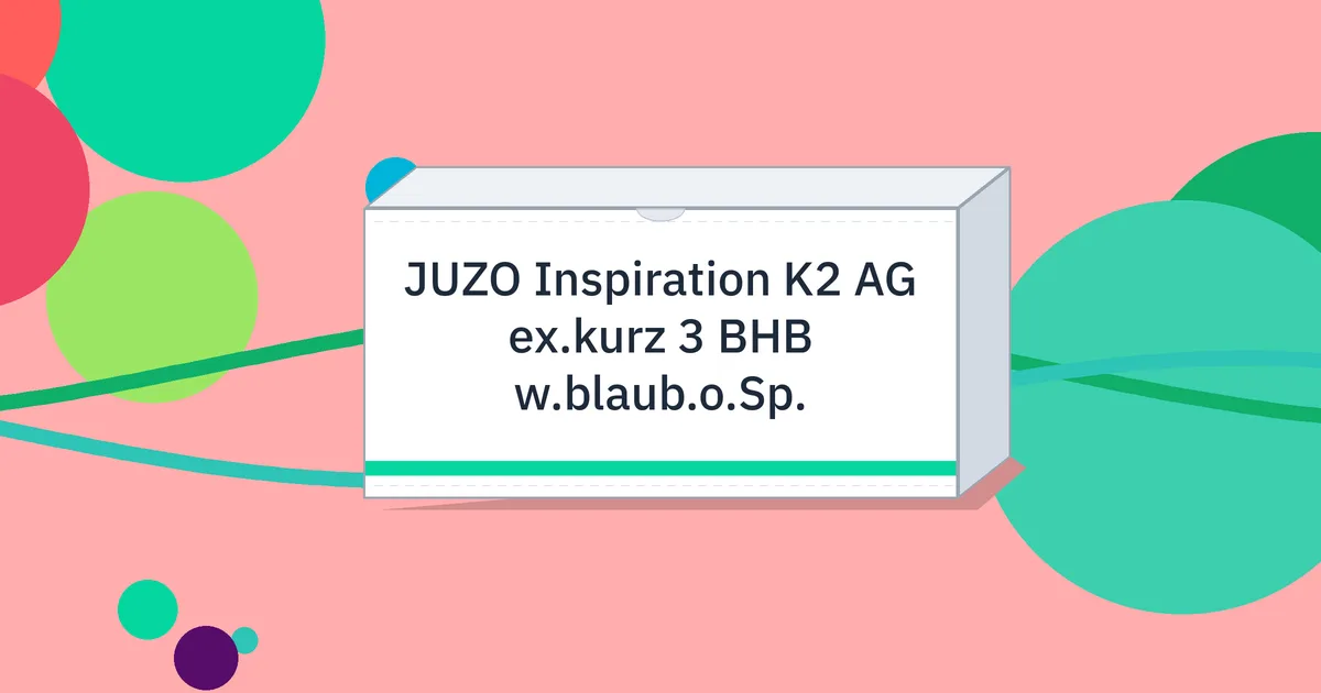 Symbolbild: Packung mit der Aufschrift JUZO Inspiration K2 AG ex.kurz 3 BHB w.blaub.o.Sp. (PZN 14852072) – Verfügbarkeit und Bezug in Apotheken in Frankfurt am Main
