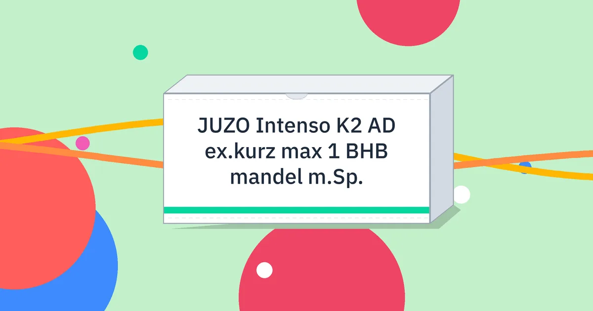 Symbolbild: Packung mit der Aufschrift JUZO Intenso K2 AD ex.kurz max 1 BHB mandel m.Sp. (PZN 18614010) – Verfügbarkeit und Bezug in Apotheken in Frankfurt am Main