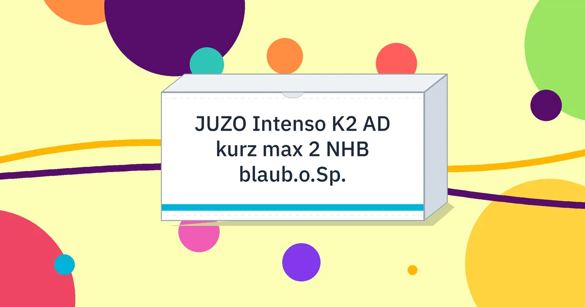 Symbolbild: Packung mit der Aufschrift JUZO Intenso K2 AD kurz max 2 NHB blaub.o.Sp. (PZN 18622742) – Verfügbarkeit und Bezug in Apotheken in Frankfurt am Main