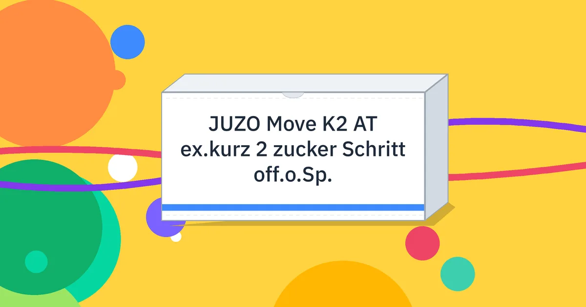 Symbolbild: Packung mit der Aufschrift JUZO Move K2 AT ex.kurz 2 zucker Schritt off.o.Sp. (PZN 20672575) – Verfügbarkeit und Bezug in Apotheken in Frankfurt am Main