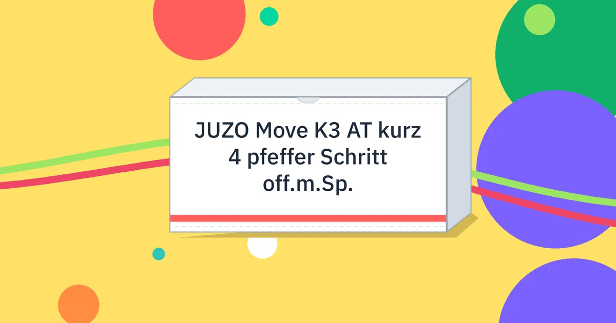 Symbolbild: Packung mit der Aufschrift JUZO Move K3 AT kurz 4 pfeffer Schritt off.m.Sp. (PZN 20683490) – Verfügbarkeit und Bezug in Apotheken in Frankfurt am Main