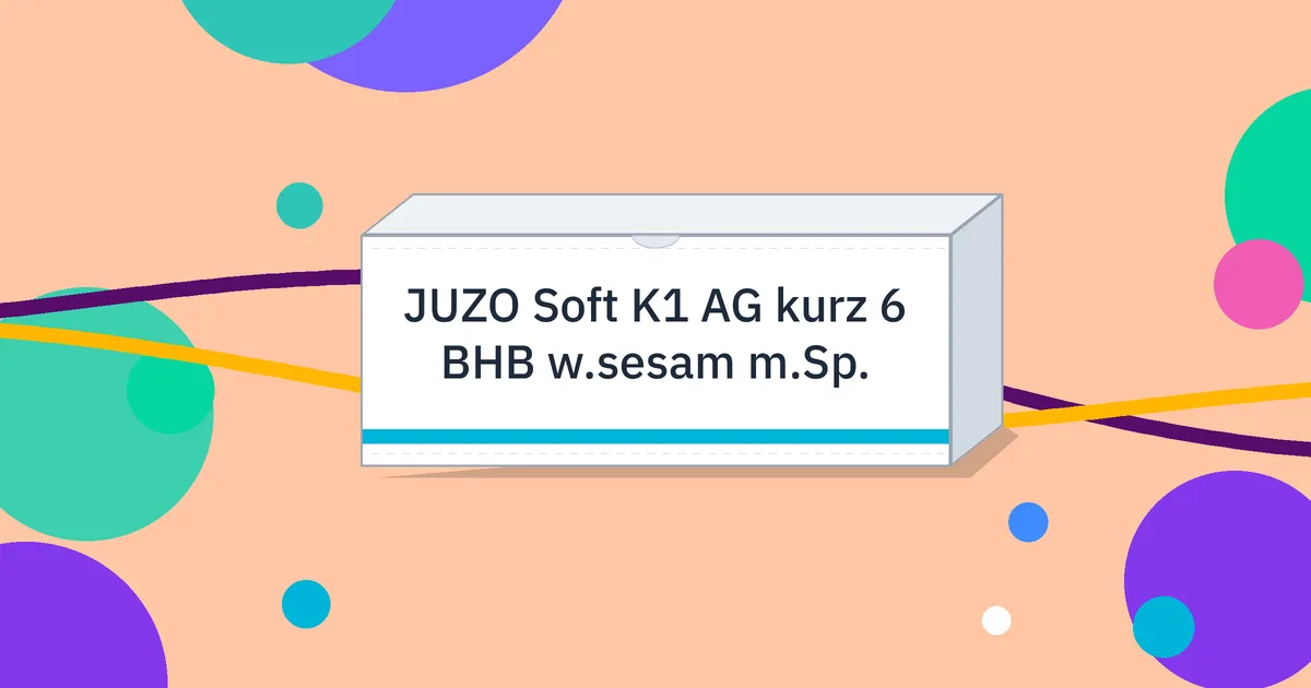 Symbolbild: Packung mit der Aufschrift JUZO Soft K1 AG kurz 6 BHB w.sesam m.Sp. (PZN 14838089) – Verfügbarkeit und Bezug in Apotheken in Frankfurt am Main