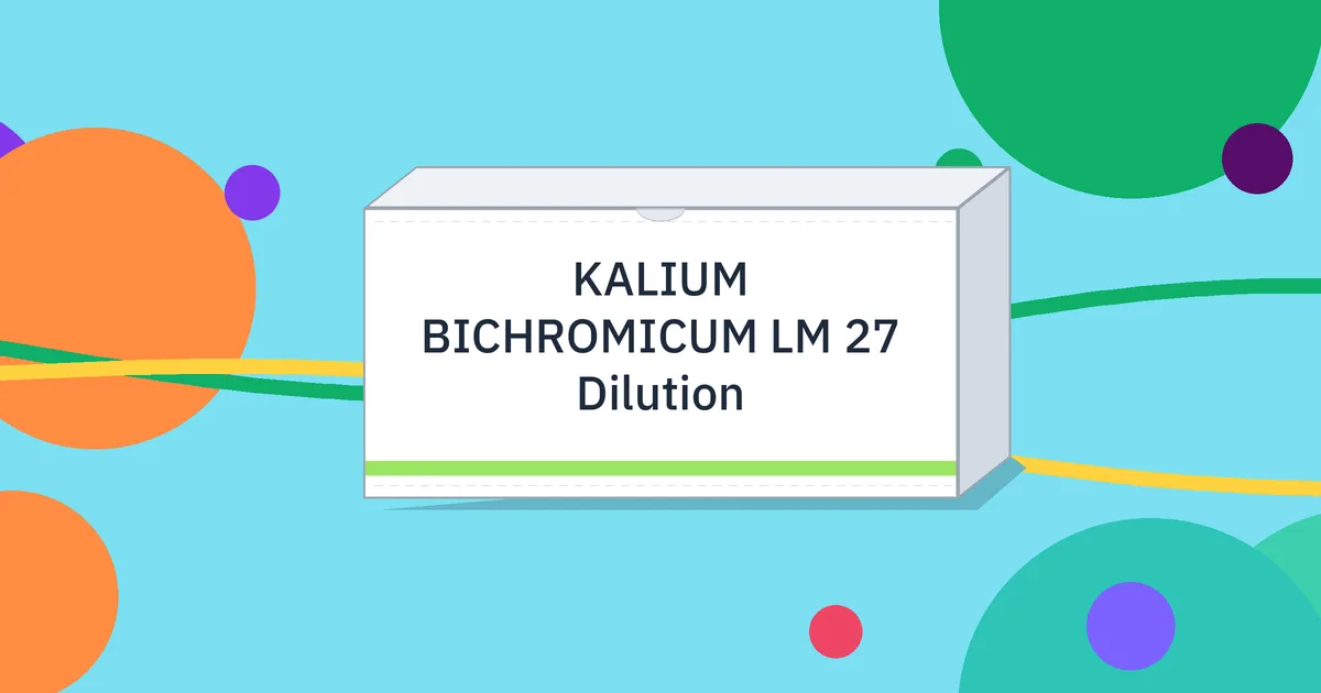 Symbolbild: Packung mit der Aufschrift KALIUM BICHROMICUM LM 27 Dilution (PZN 12917620) – Verfügbarkeit und Bezug in Apotheken in Frankfurt am Main