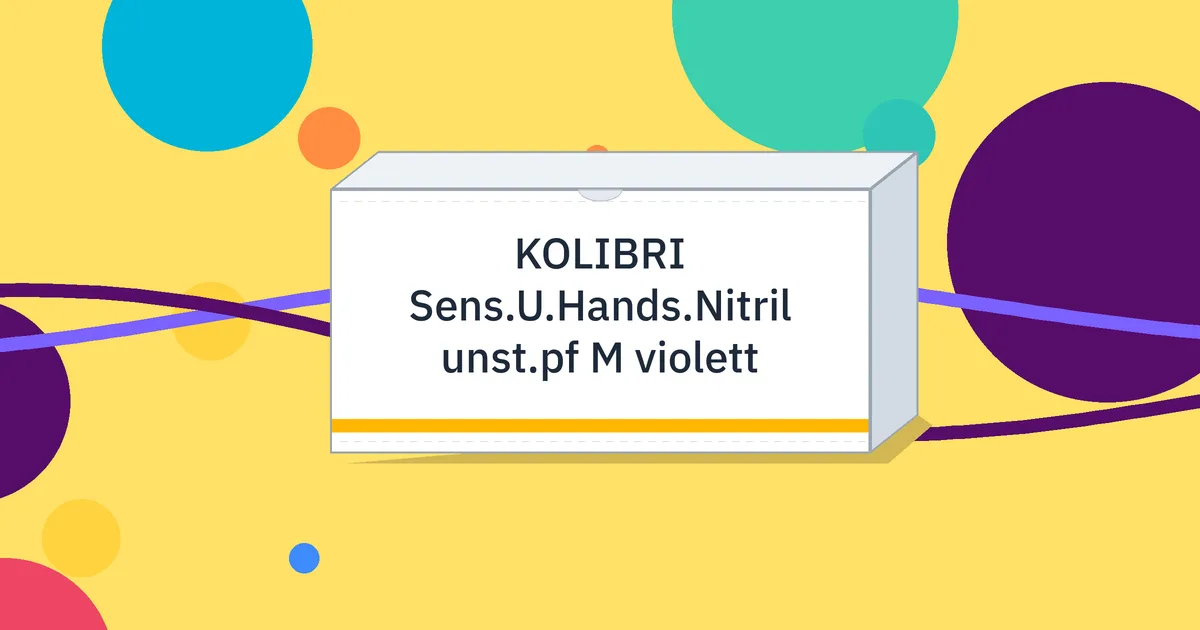 Symbolbild: Packung mit der Aufschrift KOLIBRI Sens.U.Hands.Nitril unst.pf M violett (PZN 18891494) – Verfügbarkeit und Bezug in Apotheken in Frankfurt am Main