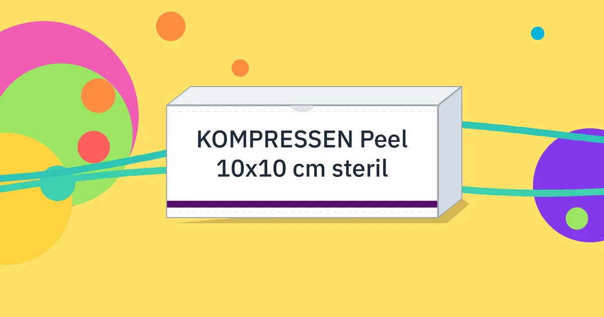 Symbolbild: Packung mit der Aufschrift KOMPRESSEN Peel 10x10 cm steril (PZN 03040684) – Verfügbarkeit und Bezug in Apotheken in Frankfurt am Main