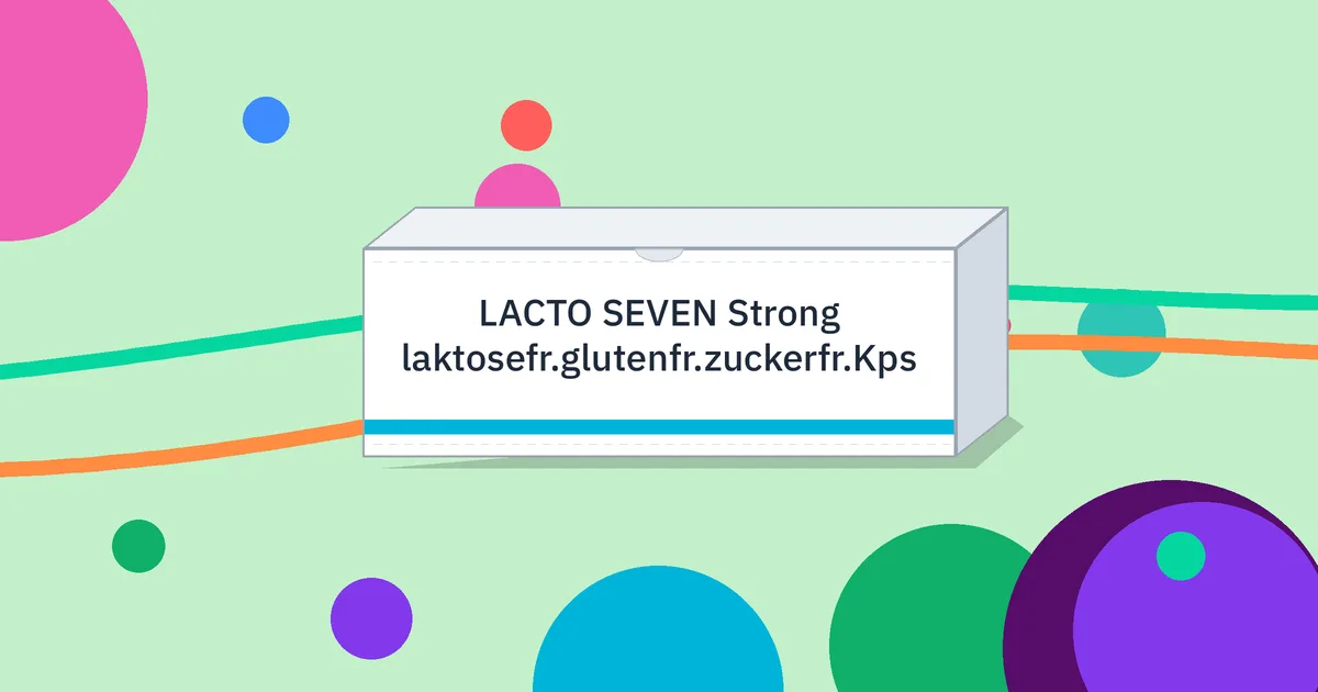 Symbolbild: Packung mit der Aufschrift LACTO SEVEN Strong laktosefr.glutenfr.zuckerfr.Kps (PZN 17386759) – Verfügbarkeit und Bezug in Apotheken in Frankfurt am Main