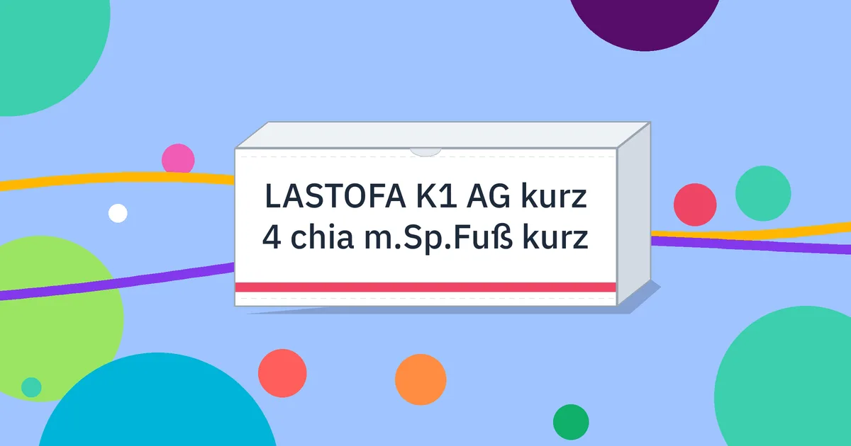Symbolbild: Packung mit der Aufschrift LASTOFA K1 AG kurz 4 chia m.Sp.Fuß kurz (PZN 13791753) – Verfügbarkeit und Bezug in Apotheken in Frankfurt am Main