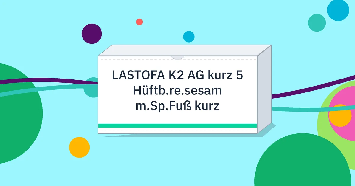 Symbolbild: Packung mit der Aufschrift LASTOFA K2 AG kurz 5 Hüftb.re.sesam m.Sp.Fuß kurz (PZN 13812024) – Verfügbarkeit und Bezug in Apotheken in Frankfurt am Main