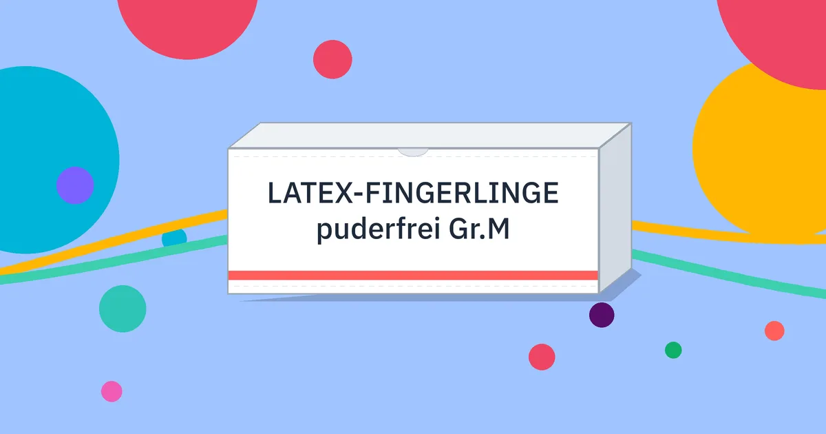 Symbolbild: Packung mit der Aufschrift LATEX-FINGERLINGE puderfrei Gr.M (PZN 09728275) – Verfügbarkeit und Bezug in Apotheken in Frankfurt am Main