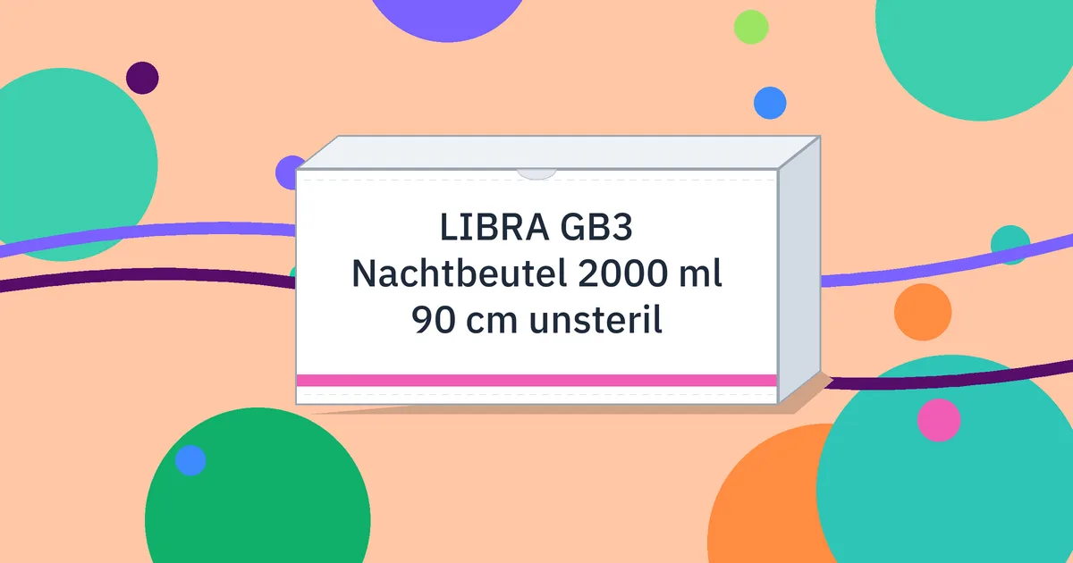 Symbolbild: Packung mit der Aufschrift LIBRA GB3 Nachtbeutel 2000 ml 90 cm unsteril (PZN 19926645) – Verfügbarkeit und Bezug in Apotheken in Frankfurt am Main