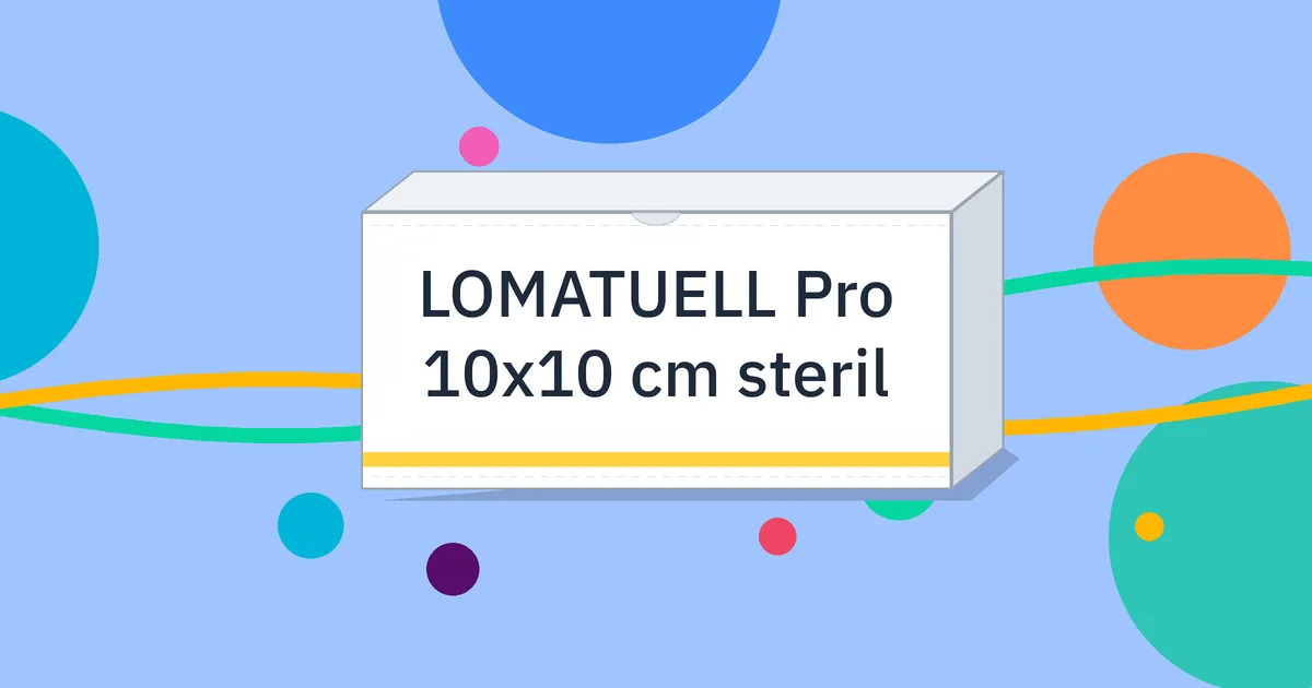 Symbolbild: Packung mit der Aufschrift LOMATUELL Pro 10x10 cm steril (PZN 18853430) – Verfügbarkeit und Bezug in Apotheken in Frankfurt am Main