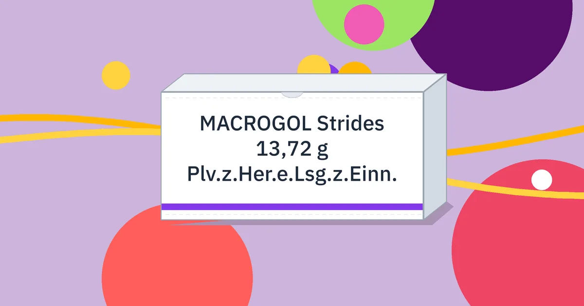 Symbolbild: Packung mit der Aufschrift MACROGOL Strides 13,72 g Plv.z.Her.e.Lsg.z.Einn. (PZN 15890554) – Verfügbarkeit und Bezug in Apotheken in Frankfurt am Main