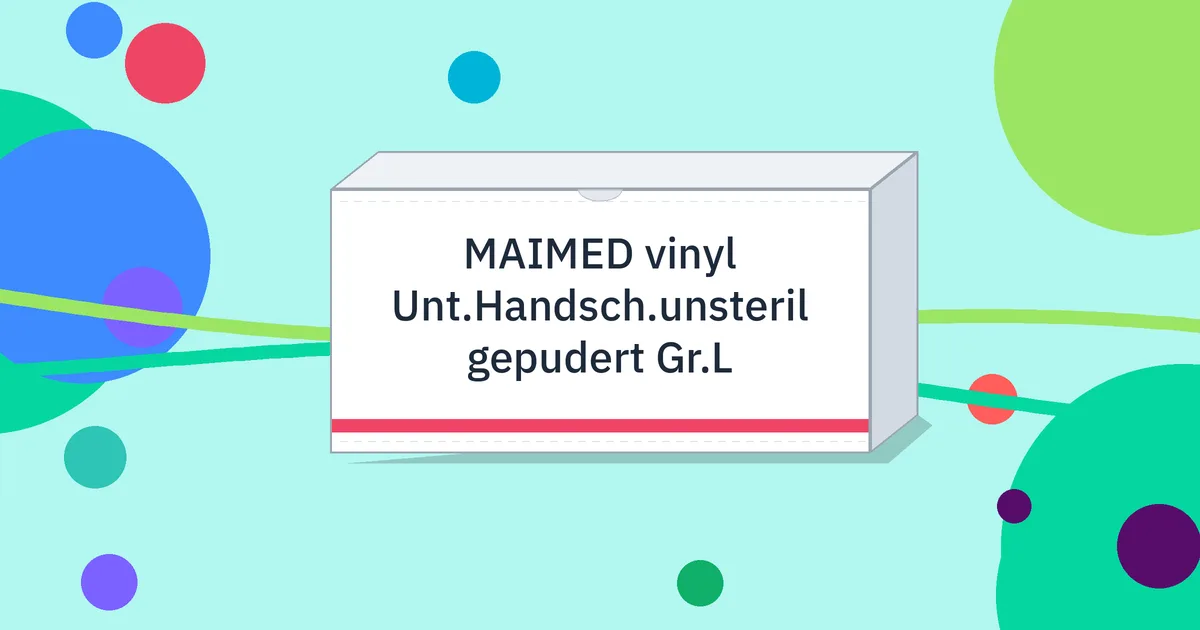Symbolbild: Packung mit der Aufschrift MAIMED vinyl Unt.Handsch.unsteril gepudert Gr.L (PZN 00350987) – Verfügbarkeit und Bezug in Apotheken in Frankfurt am Main