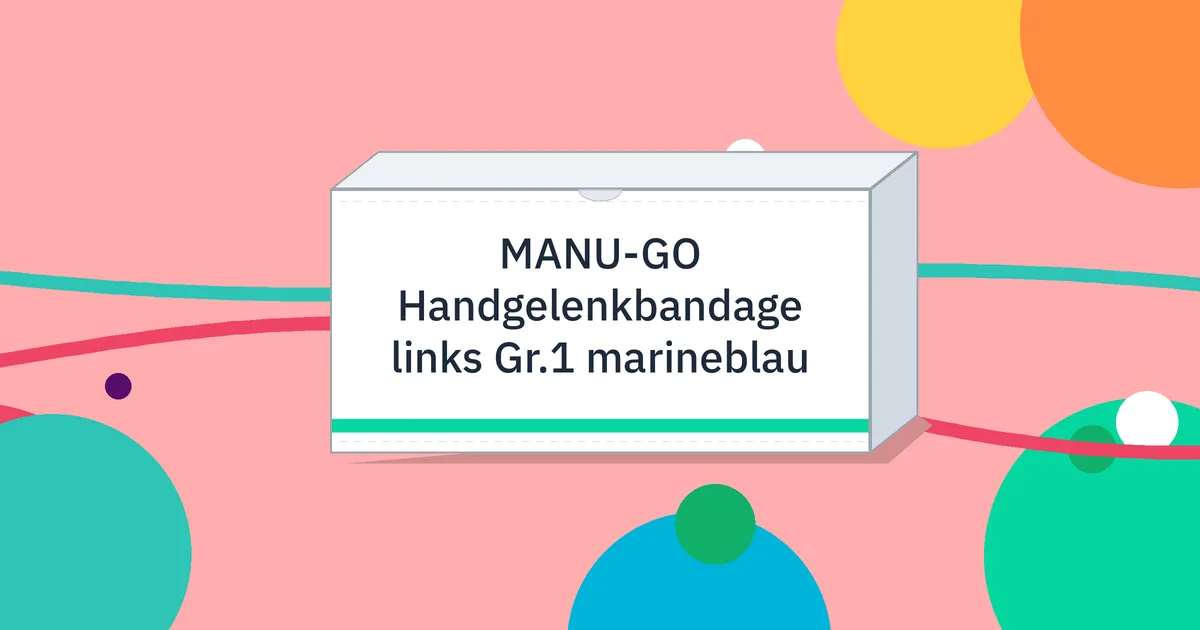 Symbolbild: Packung mit der Aufschrift MANU-GO Handgelenkbandage links Gr.1 marineblau (PZN 19742520) – Verfügbarkeit und Bezug in Apotheken in Frankfurt am Main