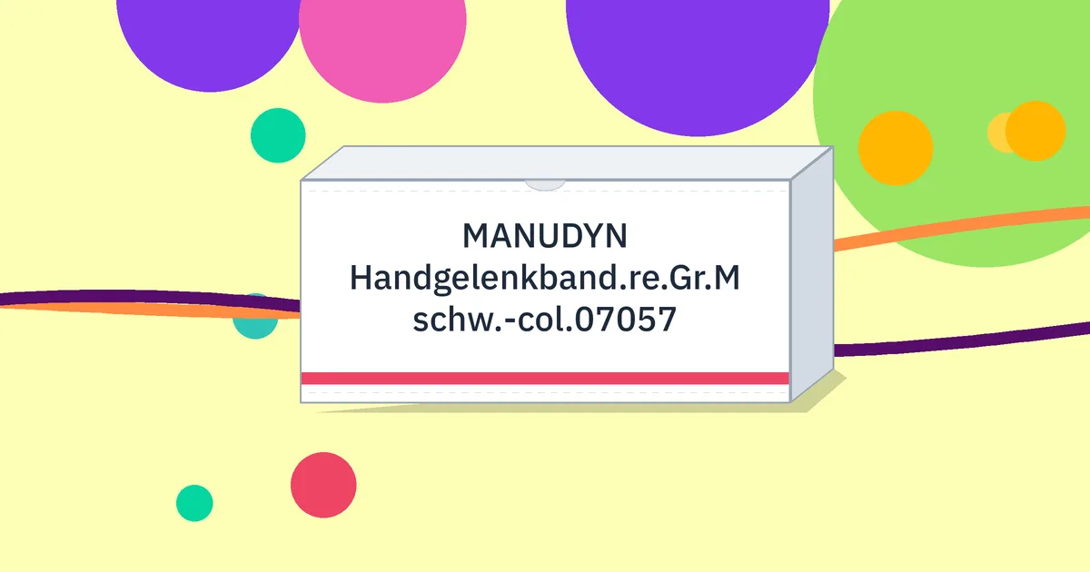 Symbolbild: Packung mit der Aufschrift MANUDYN Handgelenkband.re.Gr.M schw.-col.07057 (PZN 06727281) – Verfügbarkeit und Bezug in Apotheken in Frankfurt am Main