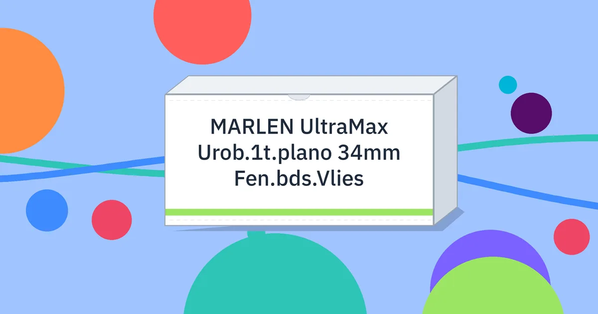 Symbolbild: Packung mit der Aufschrift MARLEN UltraMax Urob.1t.plano 34mm Fen.bds.Vlies (PZN 05354406) – Verfügbarkeit und Bezug in Apotheken in Frankfurt am Main