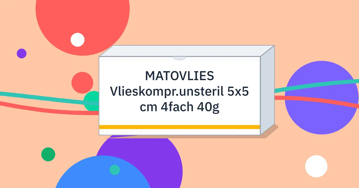 Symbolbild: Packung mit der Aufschrift MATOVLIES Vlieskompr.unsteril 5x5 cm 4fach 40g (PZN 00589843) – Verfügbarkeit und Bezug in Apotheken in Frankfurt am Main