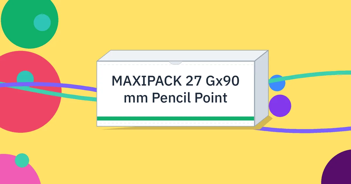 Symbolbild: Packung mit der Aufschrift MAXIPACK 27 Gx90 mm Pencil Point (PZN 09218522) – Verfügbarkeit und Bezug in Apotheken in Frankfurt am Main