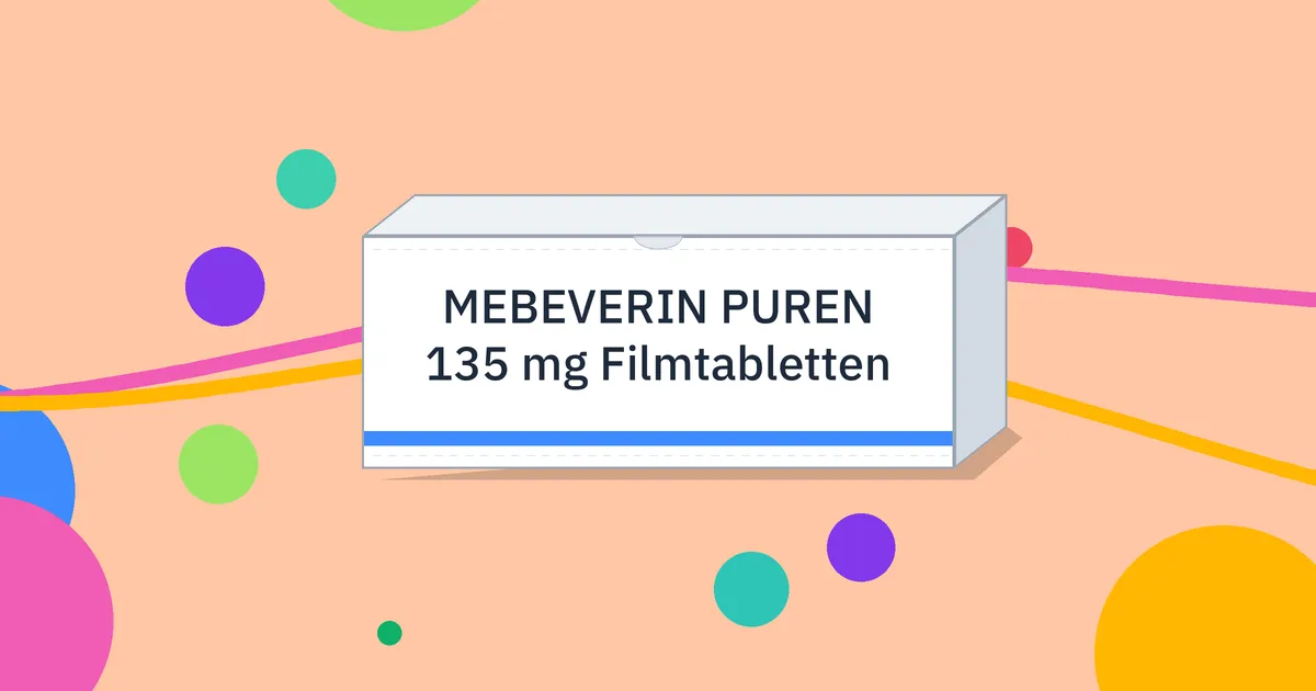 Symbolbild: Packung mit der Aufschrift MEBEVERIN PUREN 135 mg Filmtabletten (PZN 11509735) – Verfügbarkeit und Bezug in Apotheken in Frankfurt am Main