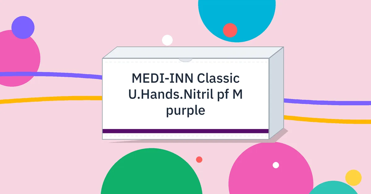 Symbolbild: Packung mit der Aufschrift MEDI-INN Classic U.Hands.Nitril pf M purple (PZN 18444884) – Verfügbarkeit und Bezug in Apotheken in Frankfurt am Main