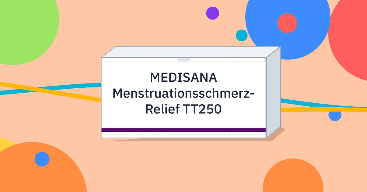 Symbolbild: Packung mit der Aufschrift MEDISANA Menstruationsschmerz-Relief TT250 (PZN 19834618) – Verfügbarkeit und Bezug in Apotheken in Frankfurt am Main