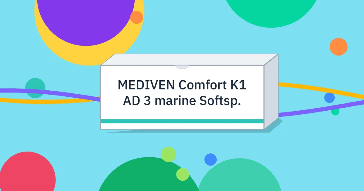 Symbolbild: Packung mit der Aufschrift MEDIVEN Comfort K1 AD 3 marine Softsp. (PZN 14559797) – Verfügbarkeit und Bezug in Apotheken in Frankfurt am Main