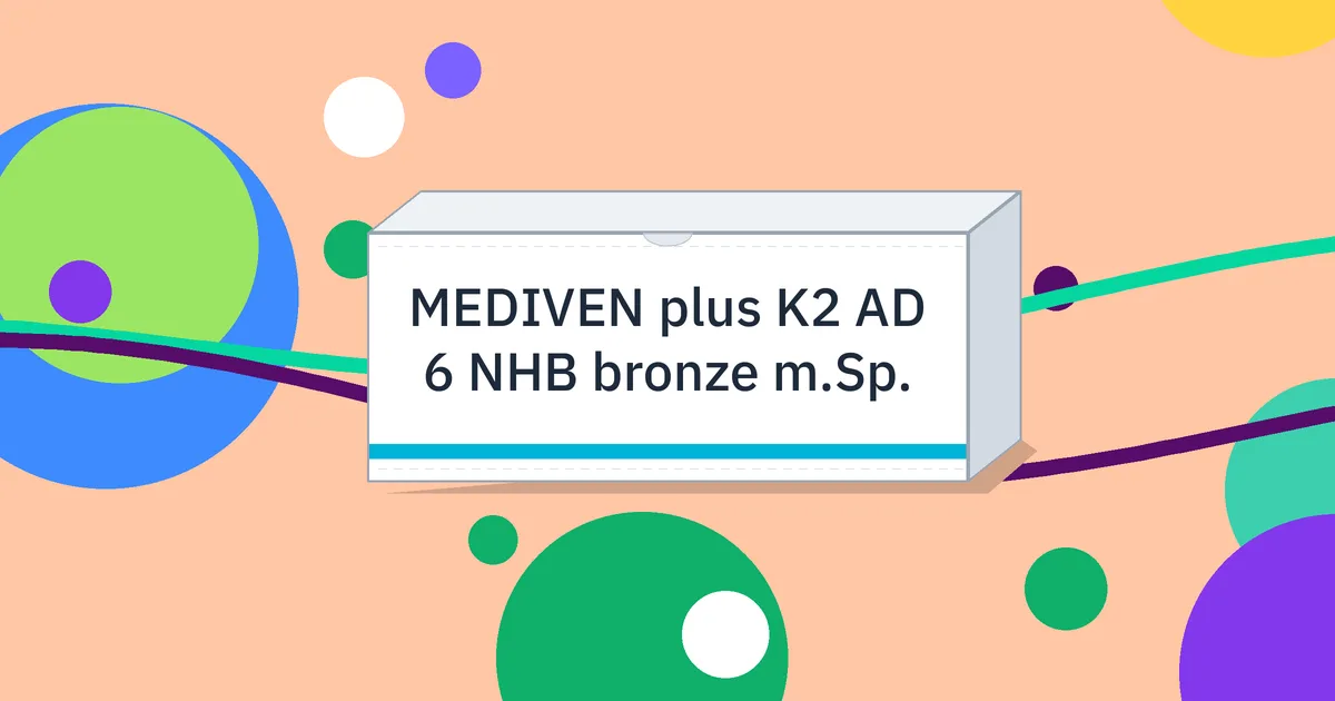 Symbolbild: Packung mit der Aufschrift MEDIVEN plus K2 AD 6 NHB bronze m.Sp. (PZN 15937020) – Verfügbarkeit und Bezug in Apotheken in Frankfurt am Main