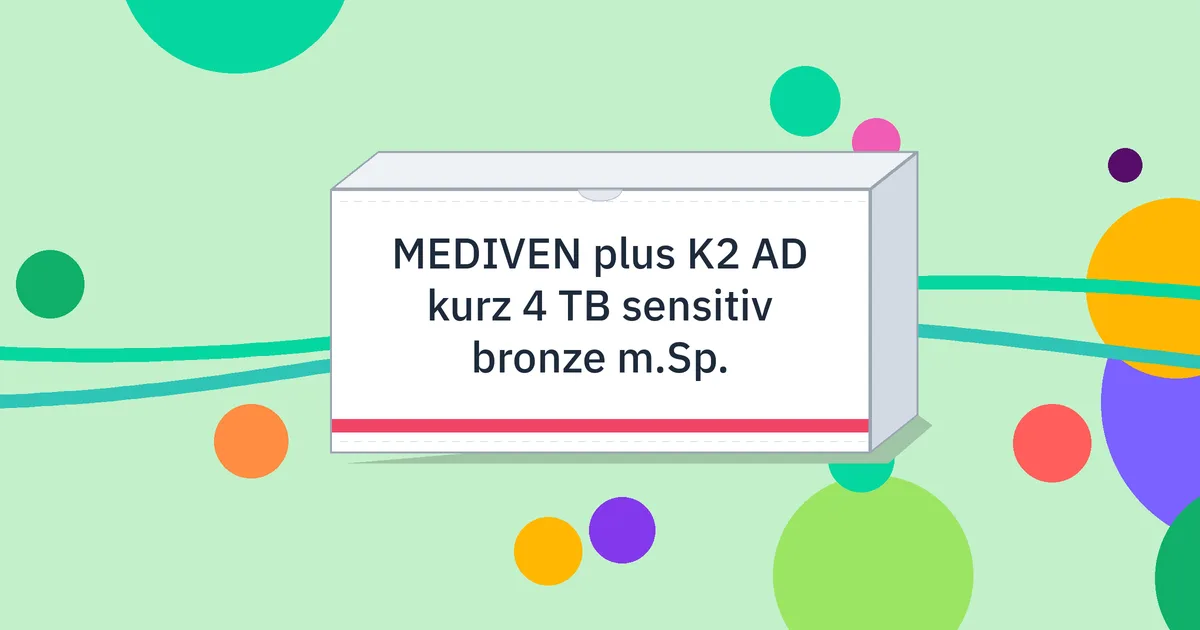 Symbolbild: Packung mit der Aufschrift MEDIVEN plus K2 AD kurz 4 TB sensitiv bronze m.Sp. (PZN 15106796) – Verfügbarkeit und Bezug in Apotheken in Frankfurt am Main