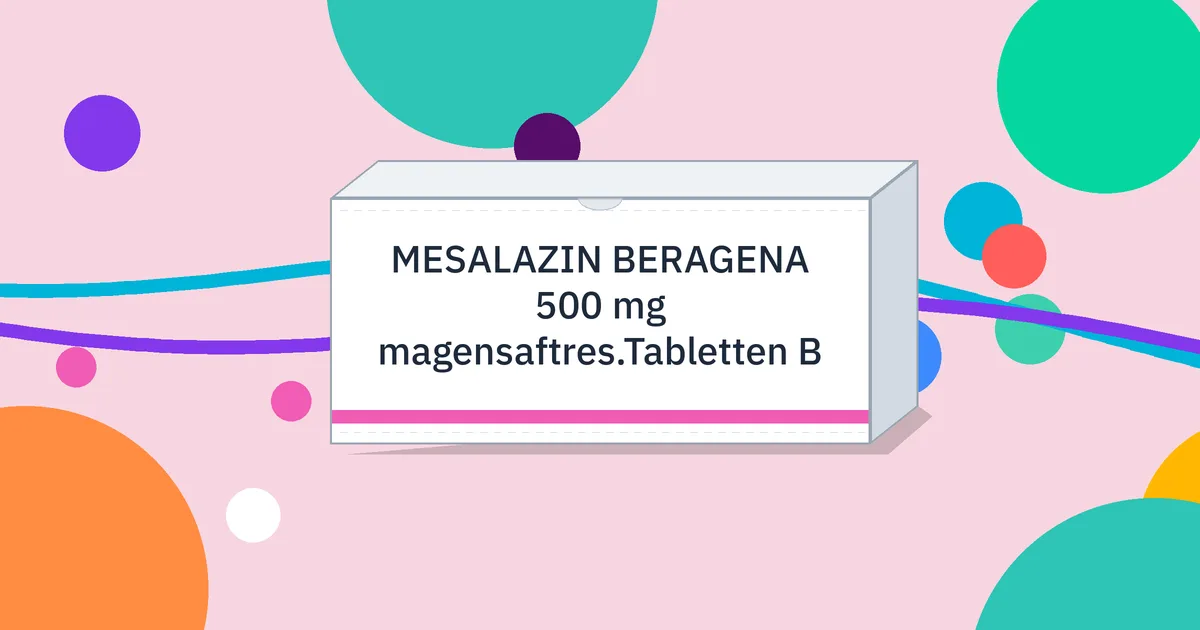 Symbolbild: Packung mit der Aufschrift MESALAZIN BERAGENA 500 mg magensaftres.Tabletten B (PZN 11539386) – Verfügbarkeit und Bezug in Apotheken in Frankfurt am Main