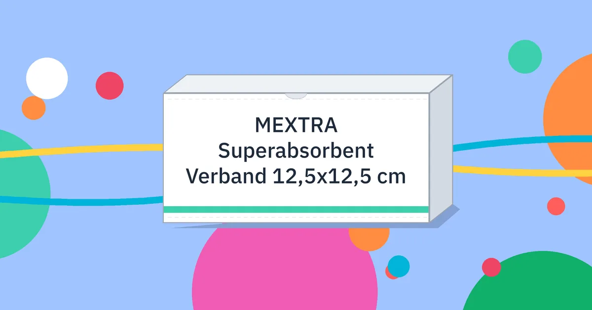Symbolbild: Packung mit der Aufschrift MEXTRA Superabsorbent Verband 12,5x12,5 cm (PZN 19235444) – Verfügbarkeit und Bezug in Apotheken in Frankfurt am Main