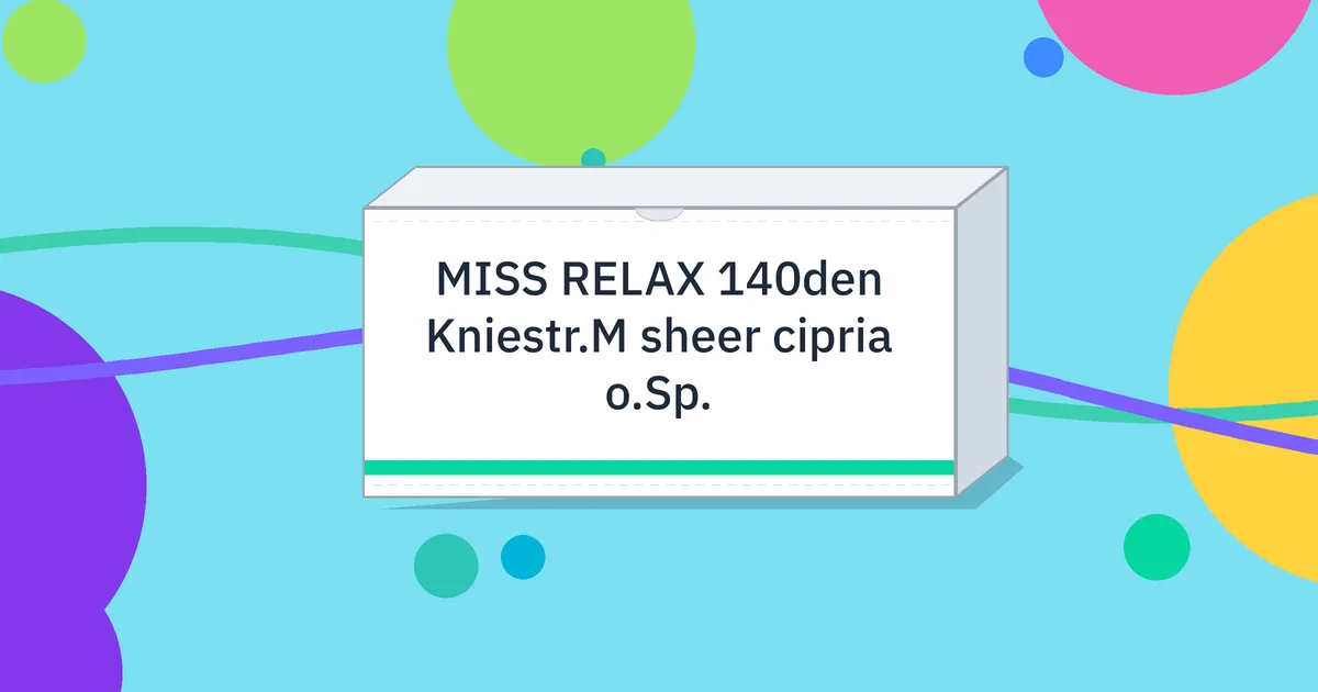 Symbolbild: Packung mit der Aufschrift MISS RELAX 140den Kniestr.M sheer cipria o.Sp. (PZN 20289681) – Verfügbarkeit und Bezug in Apotheken in Frankfurt am Main