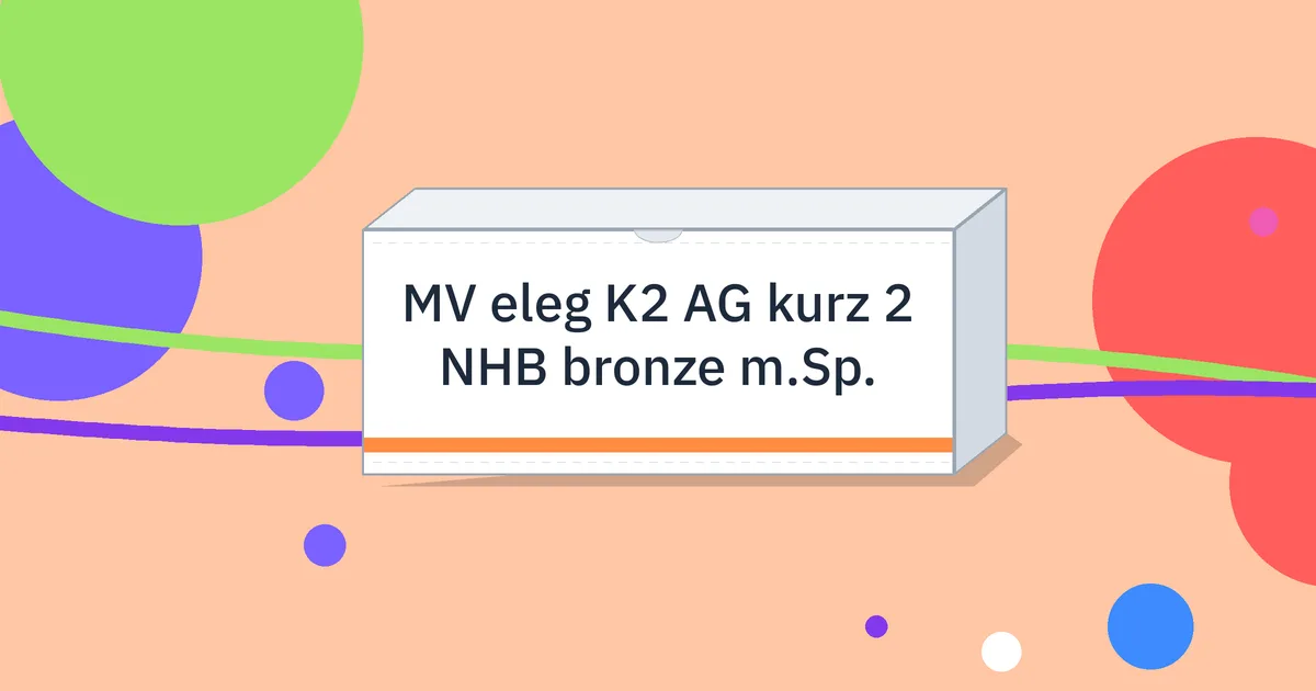 Symbolbild: Packung mit der Aufschrift MV eleg K2 AG kurz 2 NHB bronze m.Sp. (PZN 15716508) – Verfügbarkeit und Bezug in Apotheken in Frankfurt am Main