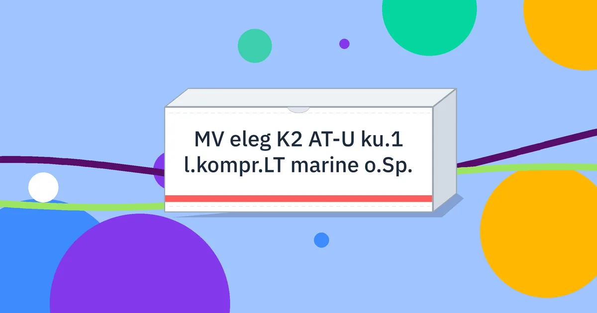 Symbolbild: Packung mit der Aufschrift MV eleg K2 AT-U ku.1 l.kompr.LT marine o.Sp. (PZN 14597007) – Verfügbarkeit und Bezug in Apotheken in Frankfurt am Main