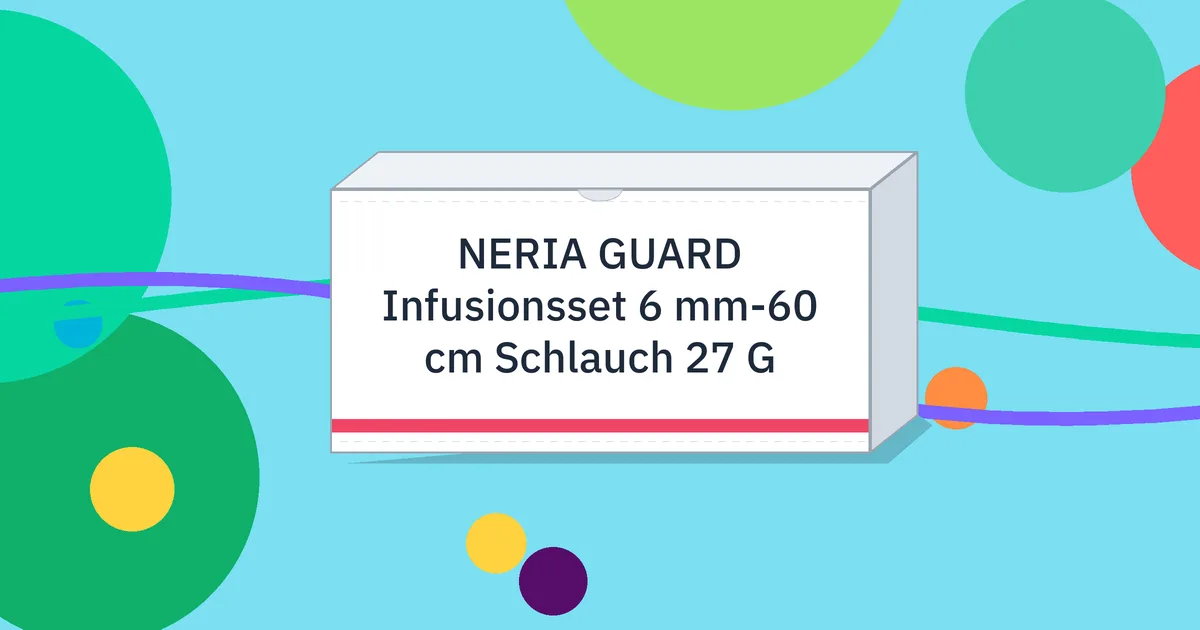 Symbolbild: Packung mit der Aufschrift NERIA GUARD Infusionsset 6 mm-60 cm Schlauch 27 G (PZN 19365112) – Verfügbarkeit und Bezug in Apotheken in Frankfurt am Main