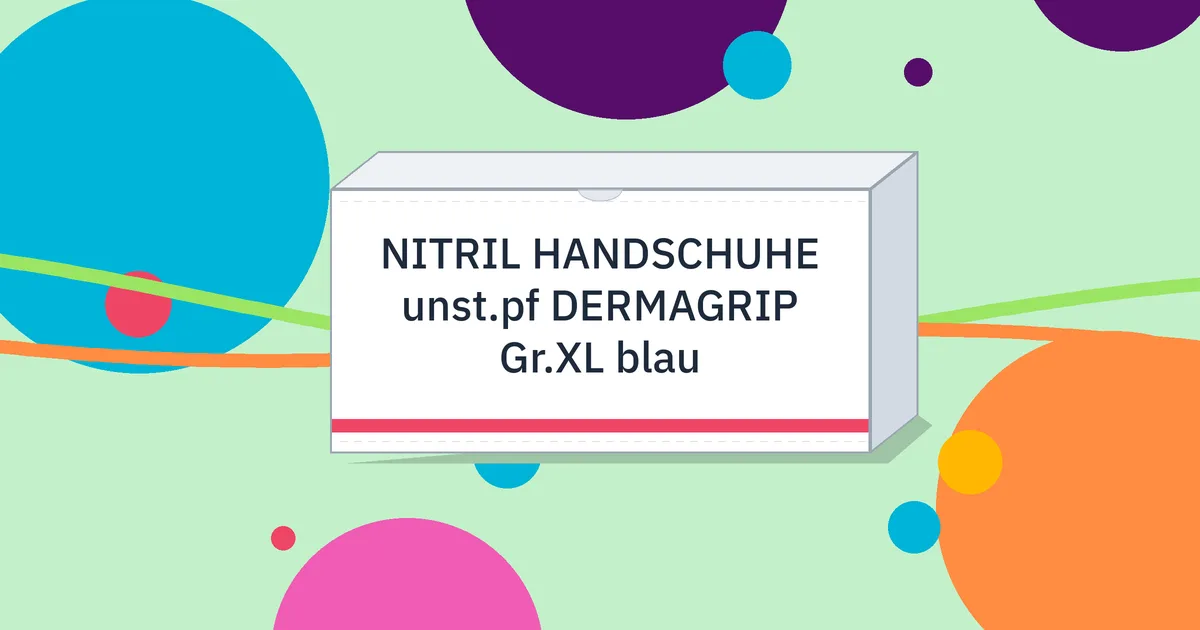 Symbolbild: Packung mit der Aufschrift NITRIL HANDSCHUHE unst.pf DERMAGRIP Gr.XL blau (PZN 18027330) – Verfügbarkeit und Bezug in Apotheken in Frankfurt am Main