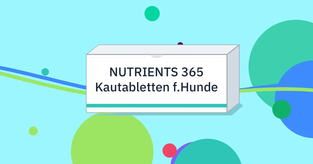 Symbolbild: Packung mit der Aufschrift NUTRIENTS 365 Kautabletten f.Hunde (PZN 12474795) – Verfügbarkeit und Bezug in Apotheken in Frankfurt am Main
