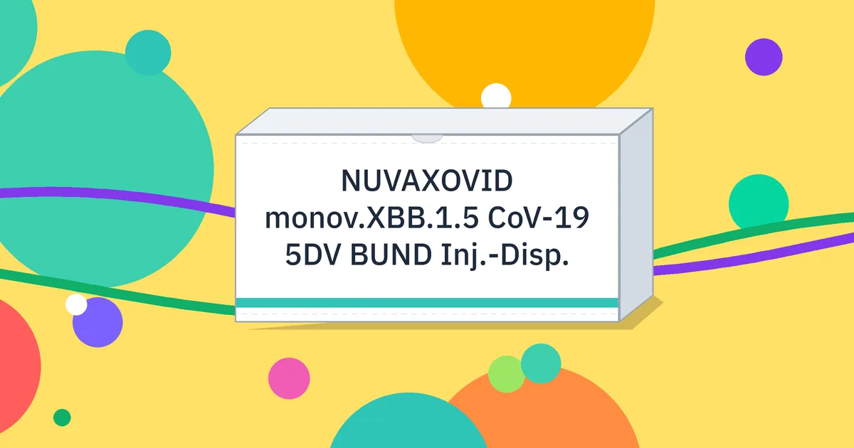 Symbolbild: Packung mit der Aufschrift NUVAXOVID monov.XBB.1.5 CoV-19 5DV BUND Inj.-Disp. (PZN 18823966) – Verfügbarkeit und Bezug in Apotheken in Frankfurt am Main