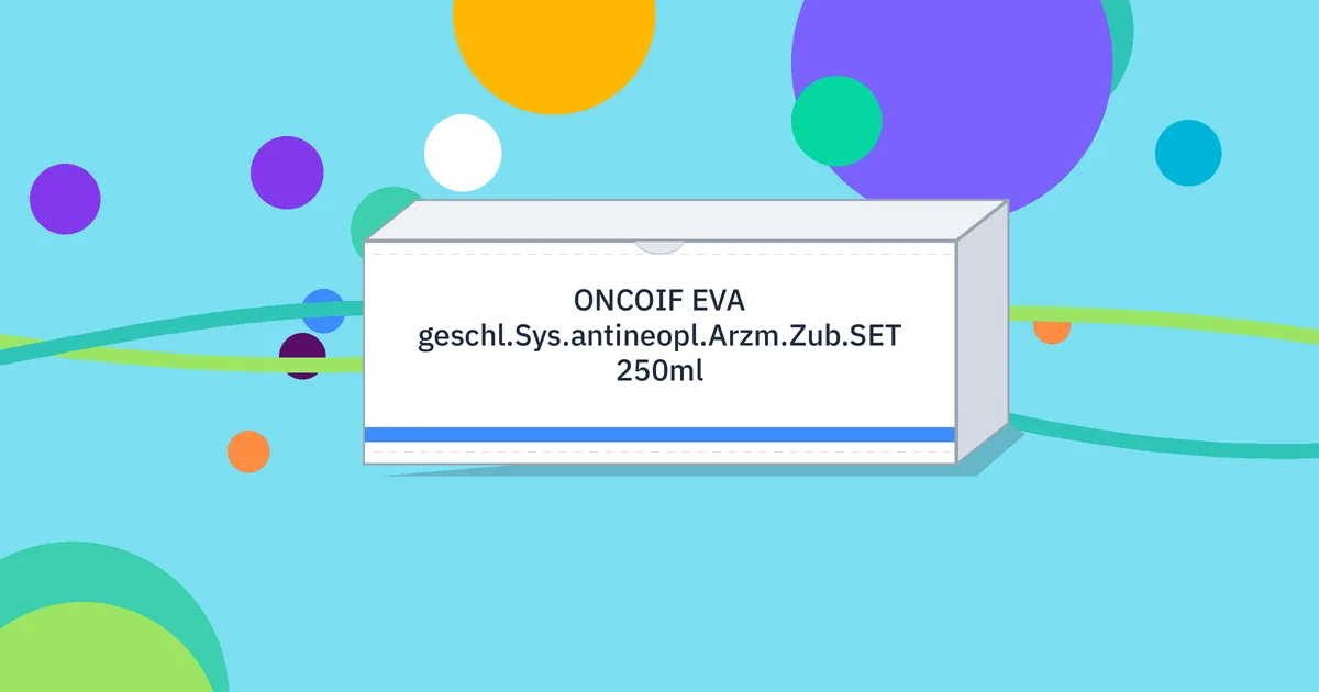 Symbolbild: Packung mit der Aufschrift ONCOIF EVA geschl.Sys.antineopl.Arzm.Zub.SET 250ml (PZN 19466468) – Verfügbarkeit und Bezug in Apotheken in Frankfurt am Main