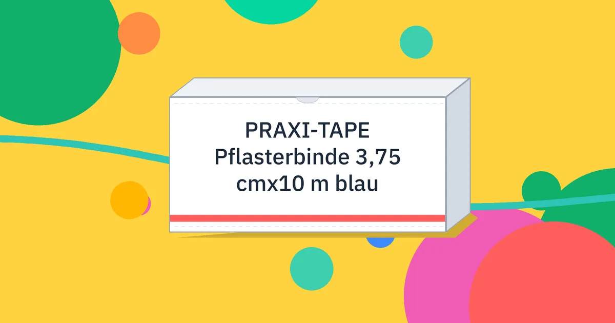 Symbolbild: Packung mit der Aufschrift PRAXI-TAPE Pflasterbinde 3,75 cmx10 m blau (PZN 12827911) – Verfügbarkeit und Bezug in Apotheken in Frankfurt am Main