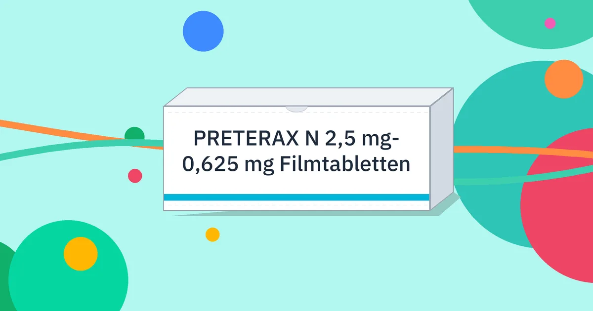 Symbolbild: Packung mit der Aufschrift PRETERAX N 2,5 mg-0,625 mg Filmtabletten (PZN 11369398) – Verfügbarkeit und Bezug in Apotheken in Frankfurt am Main