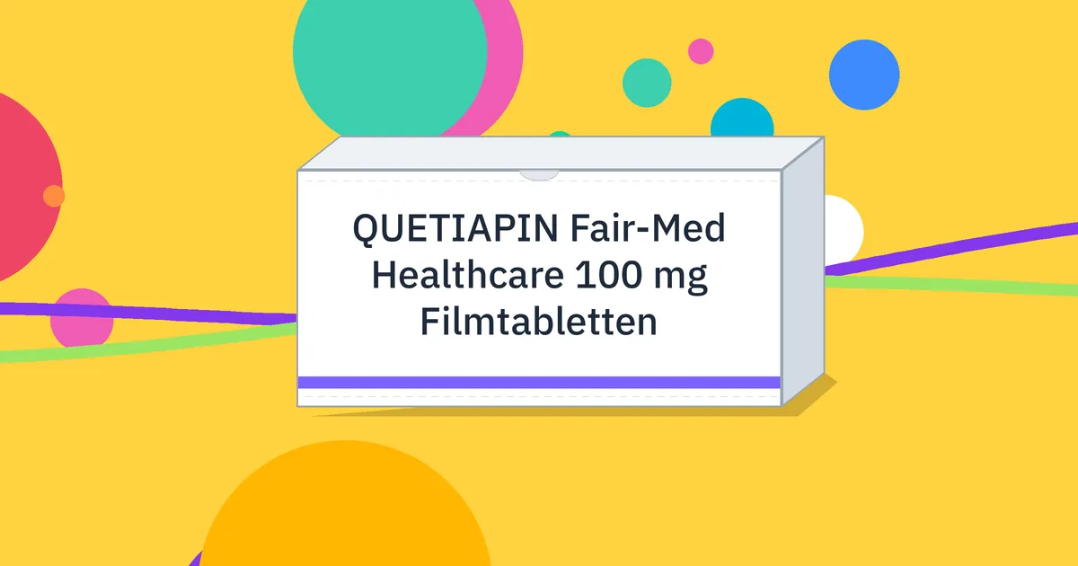 Symbolbild: Packung mit der Aufschrift QUETIAPIN Fair-Med Healthcare 100 mg Filmtabletten (PZN 14167784) – Verfügbarkeit und Bezug in Apotheken in Frankfurt am Main