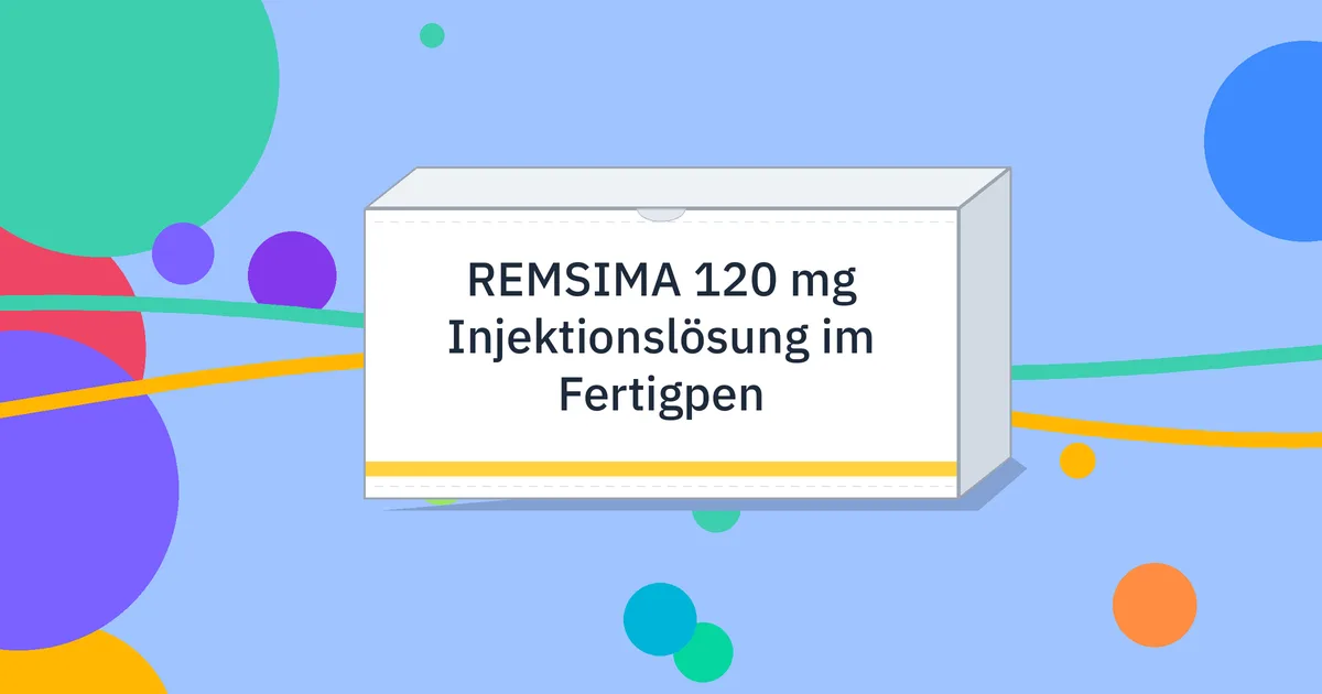 Symbolbild: Packung mit der Aufschrift REMSIMA 120 mg Injektionslösung im Fertigpen (PZN 16917628) – Verfügbarkeit und Bezug in Apotheken in Frankfurt am Main